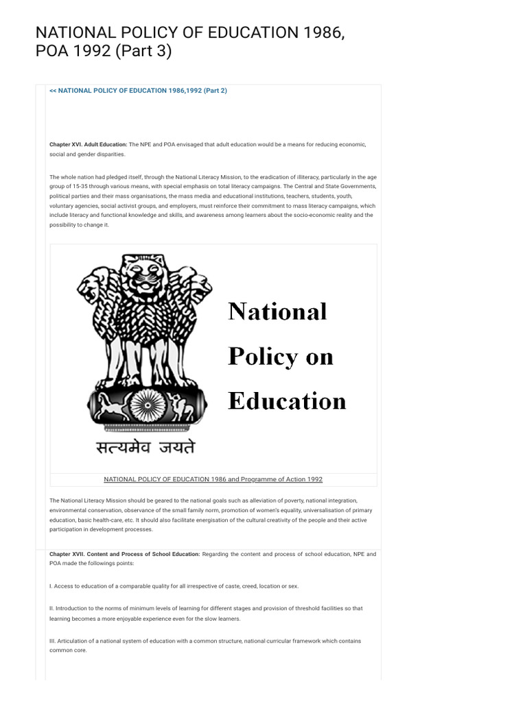 NATIONAL POLICY OF EDUCATION 1986, POA 1992 (Part 3) - TET Succe | PDF
