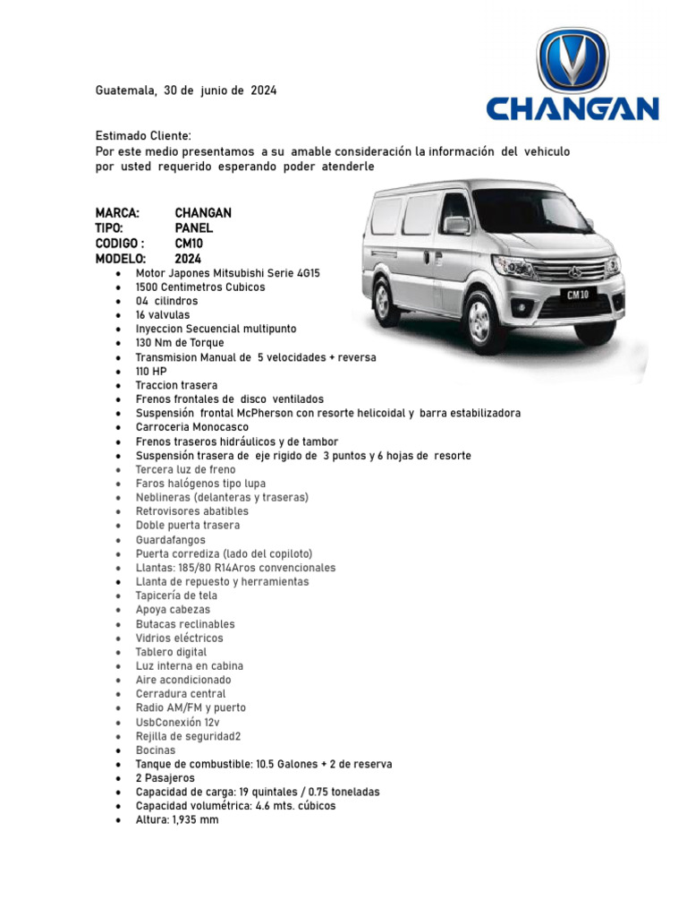 Ficha Técnica Changan CM10 Panel 2024 | PDF