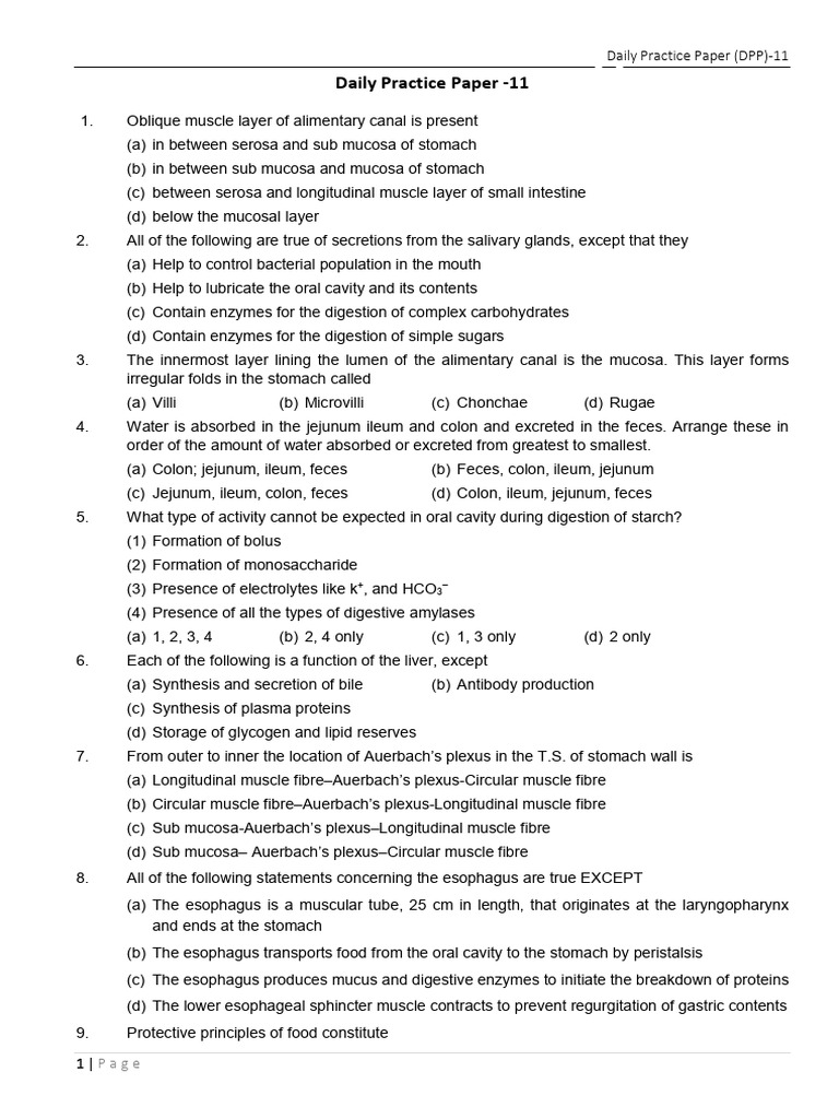 Daily Practice Paper on Digestive System | PDF | Digestion | Stomach