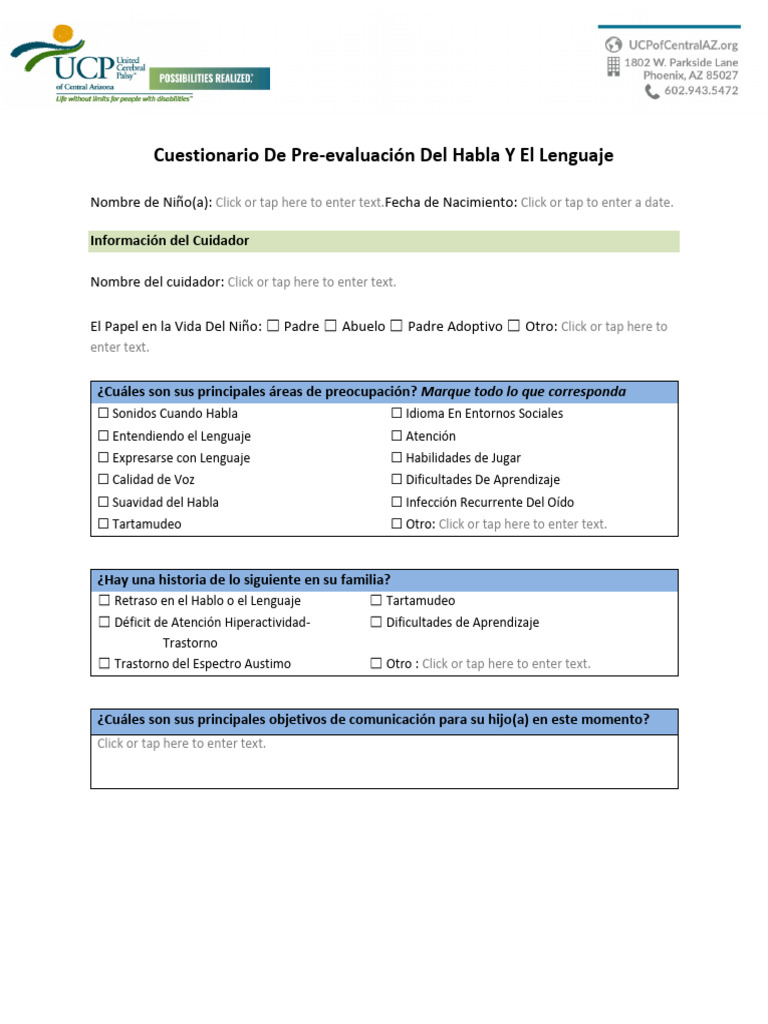 Speech Pre Eval Questionnaire Spanish - Fillable.5.21kv | PDF | Comunicación | Desorden ...