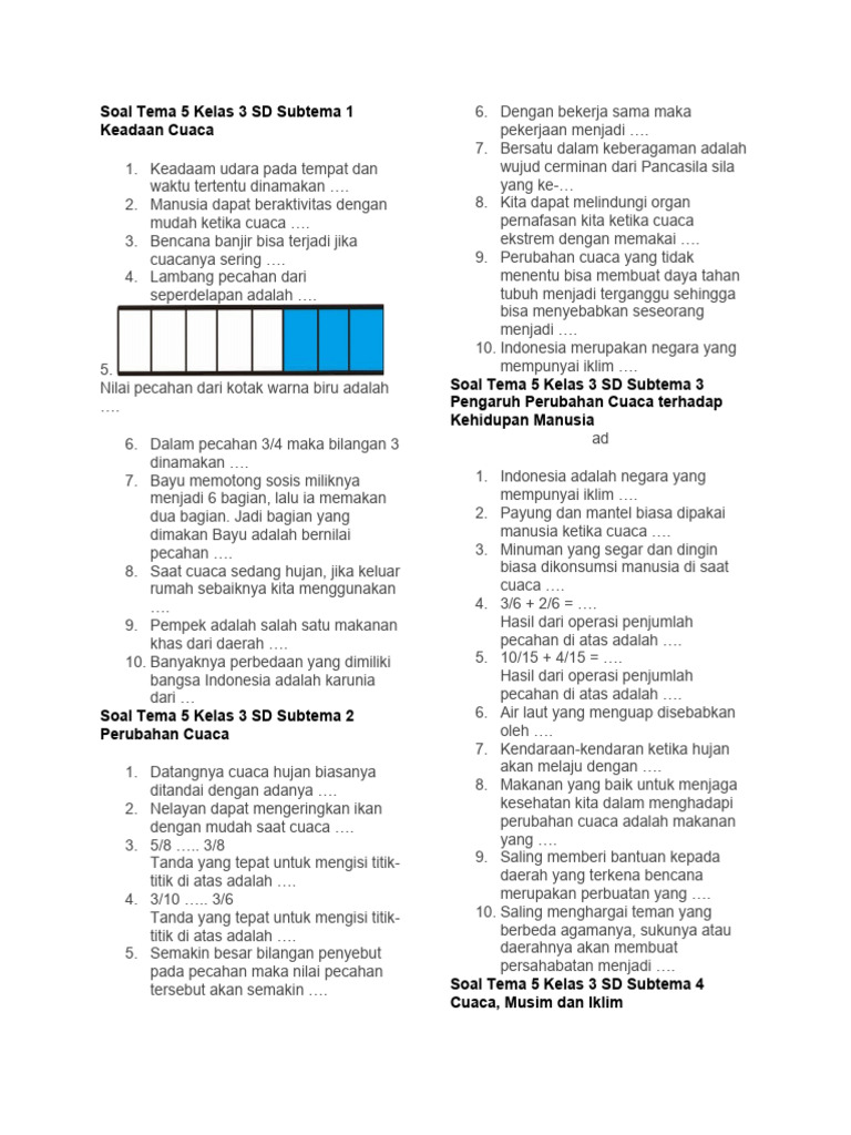 Soal Tema 5 Kelas 3 SD Subtema 1 Keadaan Cuaca | PDF | Sains & Matematika