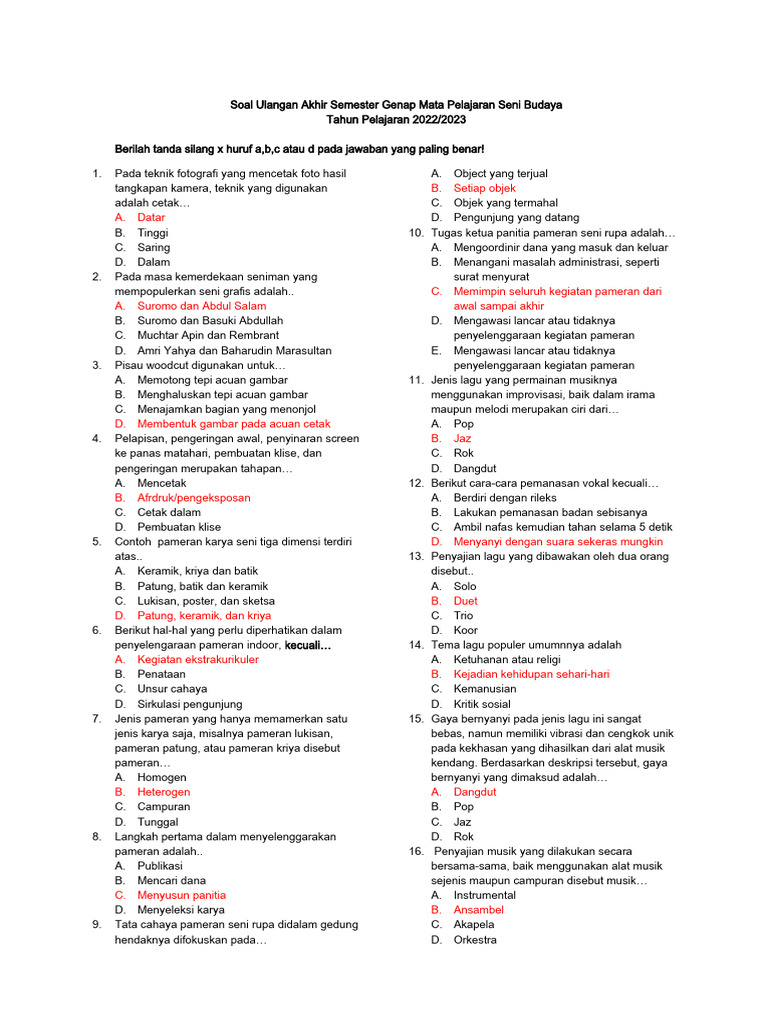Soal Uas SBK Kelas 9 SOAL DAN KUNCI JAWABAN | PDF
