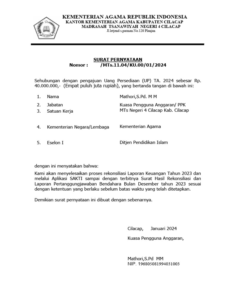 Format Surat Pernyataan Penyelesaian Rekons LPJ 2023 | PDF | Ilmu Sosial