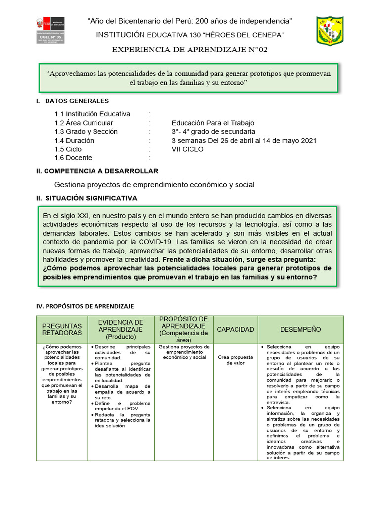 EXPERIENCIA DE APRENDIZAJE 2 EPT 3° y 4° Grado | PDF | Evaluación | Iniciativa empresarial