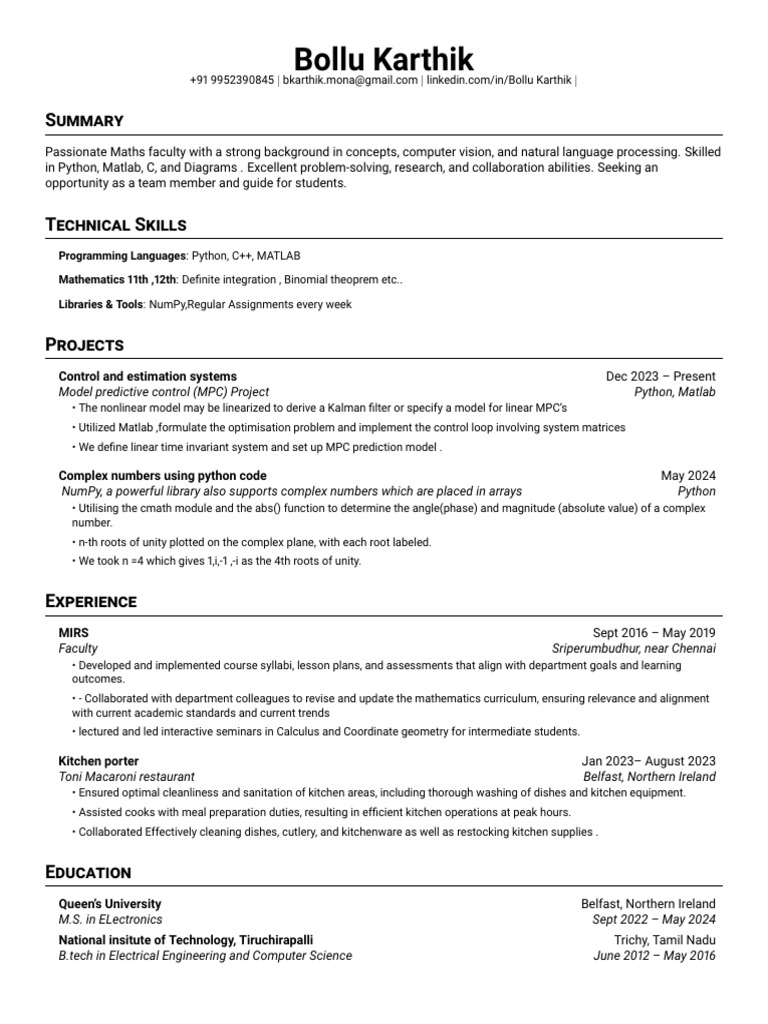 ATS Friendly Technical Resume | PDF | Mathematics | Matlab