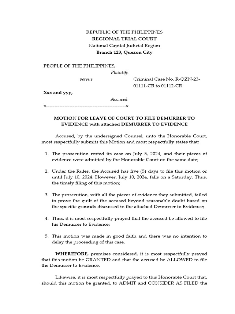 Sample Motion For Leave To File Demurrer To Evidence | PDF | Demurrer ...