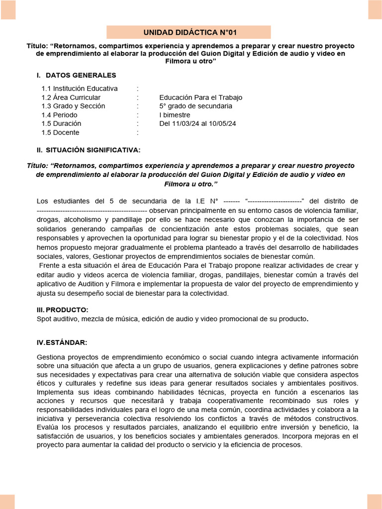 Unidad Didáctica N1 - 5 Grado Ept 2024 | PDF | Aprendizaje | Inteligencia artificial