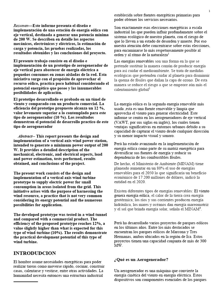 Diseño e Implementación de Una Estación de Energía Eólica Con Eje Vertical | PDF | Energía ...