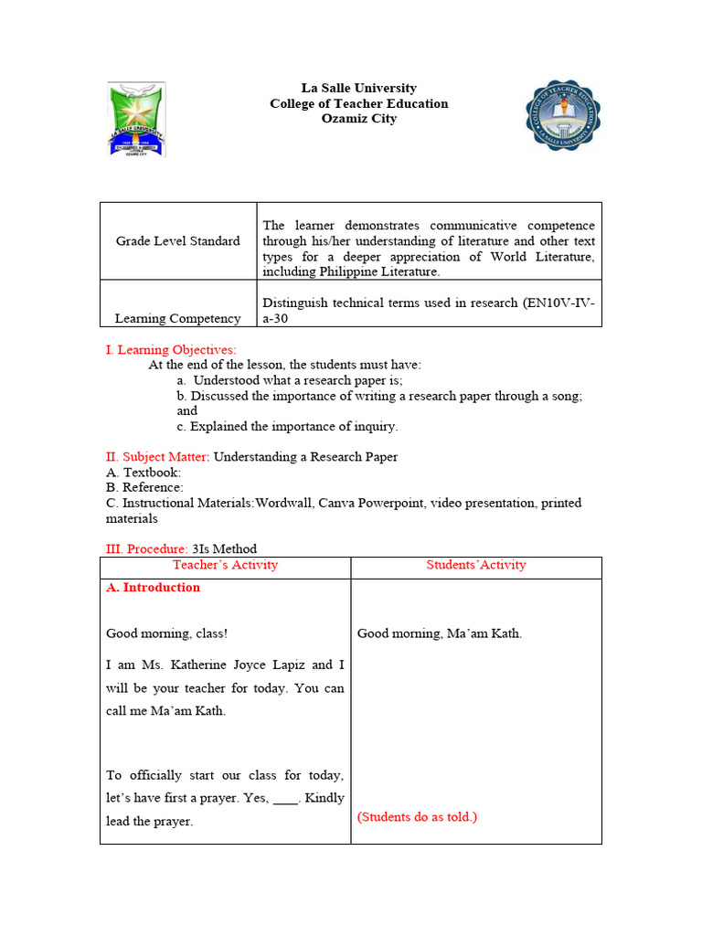 LEARNING PLAN GRADE 10 (Understanding A Research Paper - OXYGEN) | PDF ...