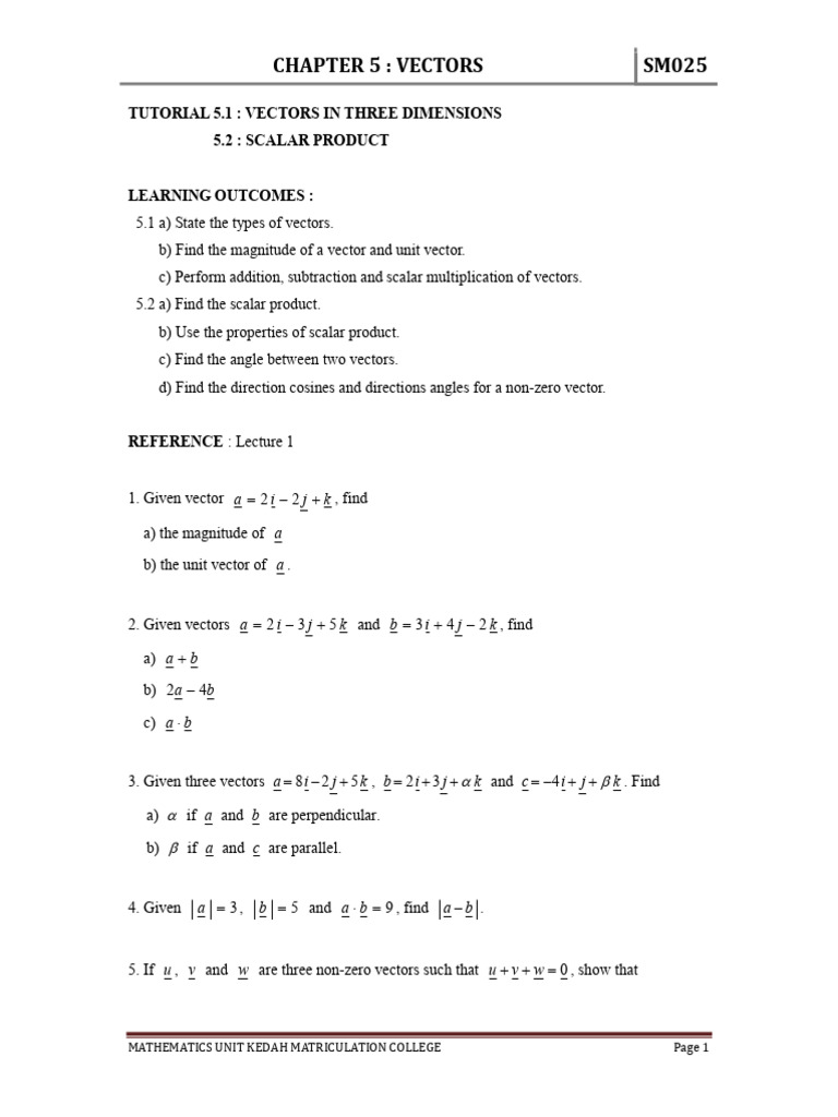 Chapter 5: Vectors SM025: Mathematics Unit Kedah Matriculation College | PDF | Line (Geometry ...