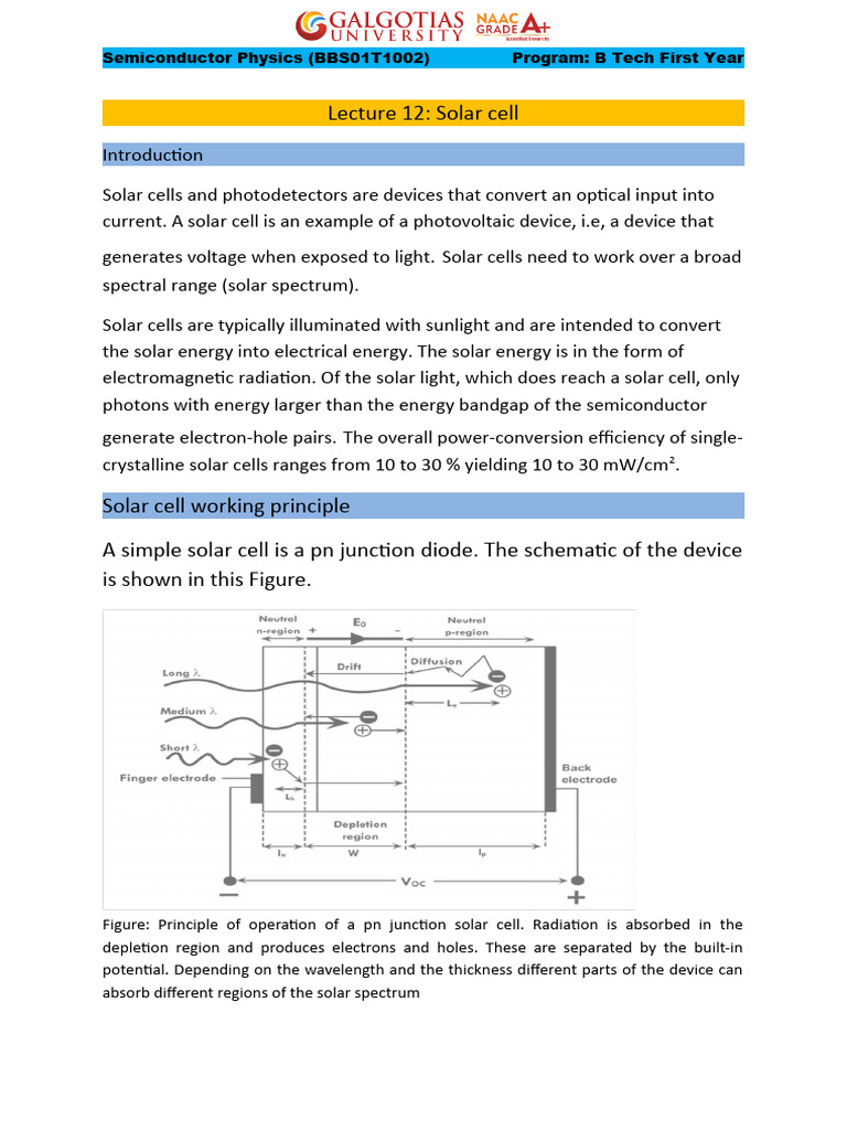Lecture-12 - Solar Cell | PDF | P–N Junction | Solar Cell