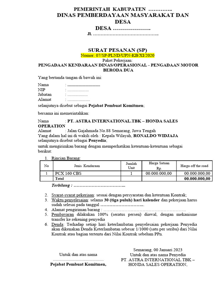 1 - Contoh Surat Pesanan Desa | PDF | Pengelolaan Keuangan & Uang