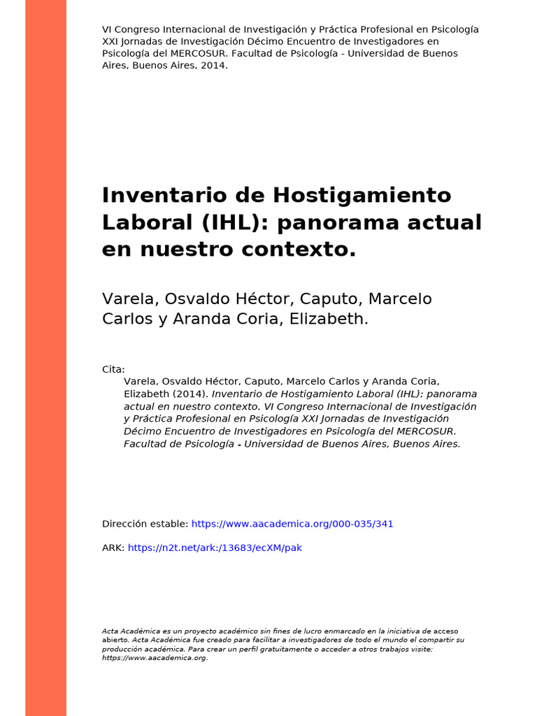 Varela, Osvaldo Héctor, Caputo, Mar (... ) (2014) - Inventario de Hostigamiento Laboral (IHL ...