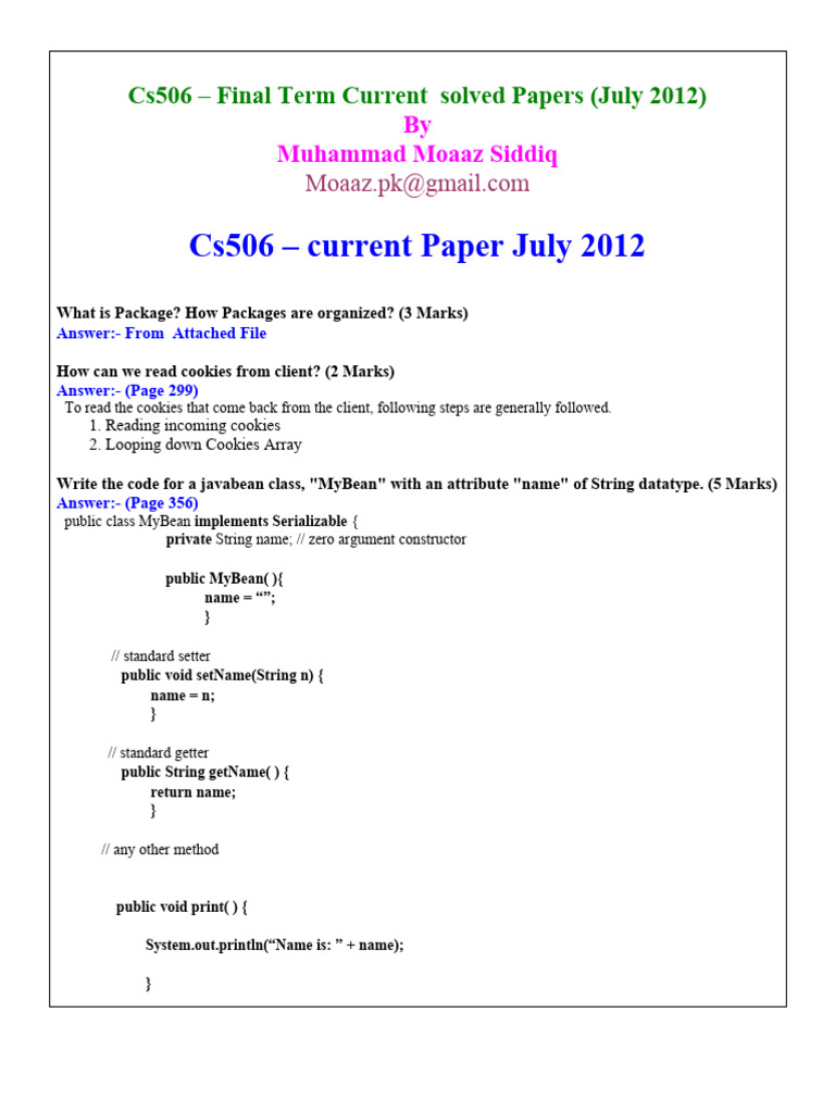 Cs 506 Final Termsolved Subjective Papers July 20121 | PDF | Class (Computer Programming ...