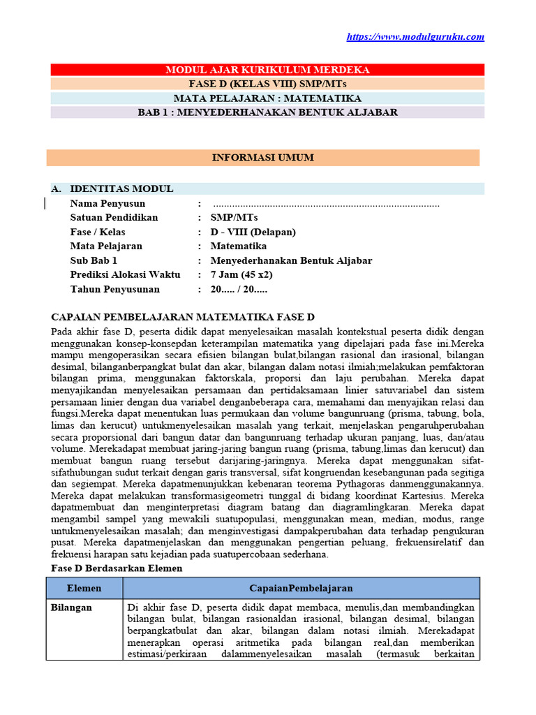 Modul Ajar Bentuk Aljabar 1.1 | PDF | Seni