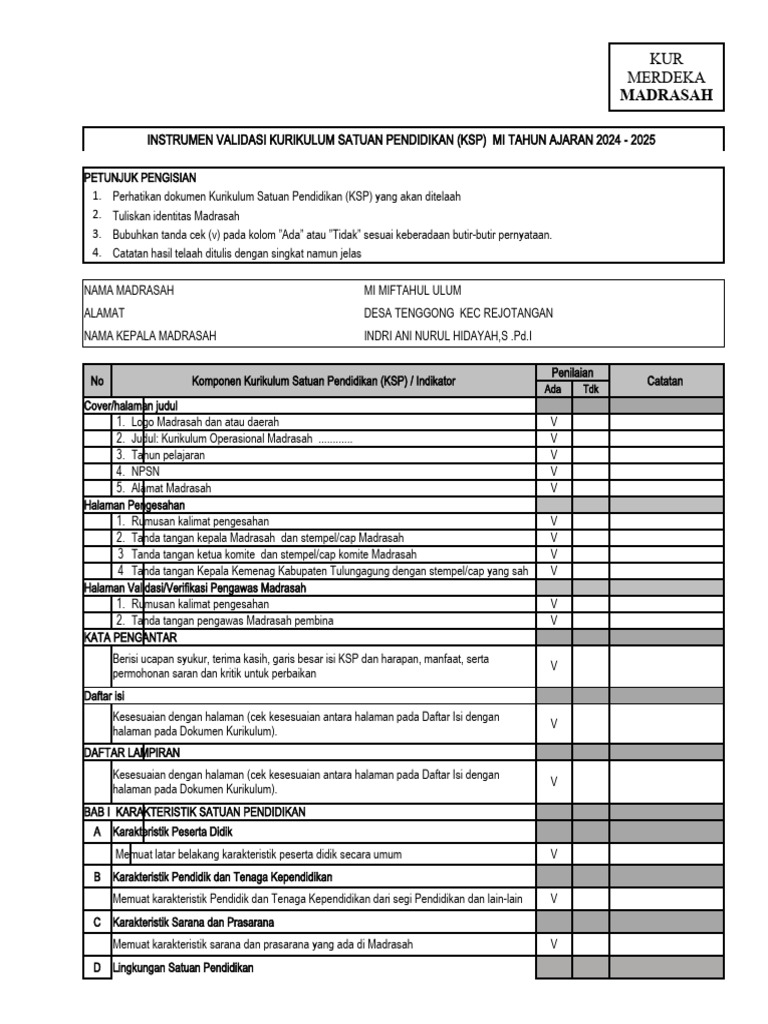 Instrumen Validasi Kurikulum Satuan Pendidikan KSP 2024.... | PDF