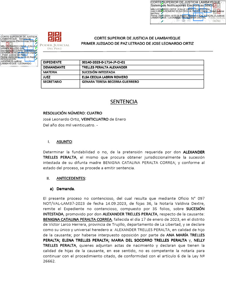 Sentencia sobre Sucesión Intestada 2024 | PDF | Intestacy | Demanda ...