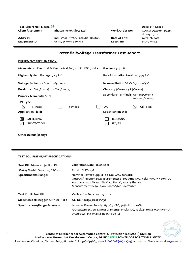 Voltage Transformer Test Report for BFAL | PDF | Alternating Current ...