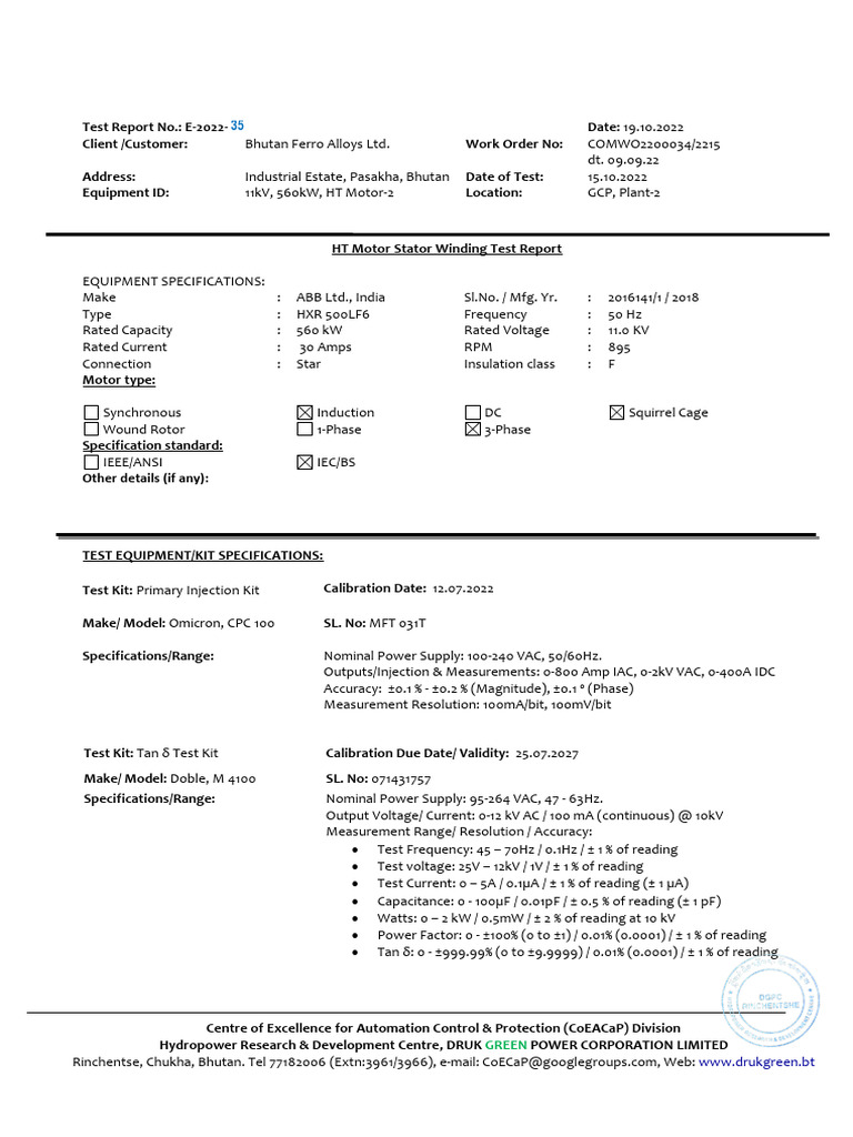 3Ph HT Motor Test Report - Signed | PDF | Alternating Current | Power ...