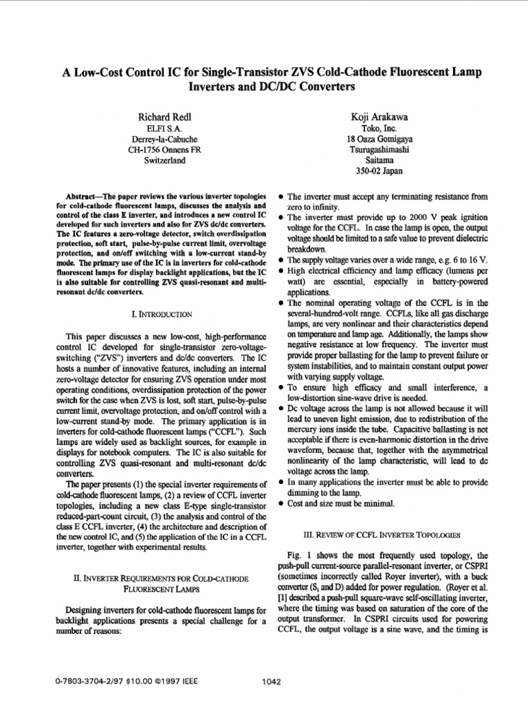 A Low-Cost Control IC For Single-Transistor ZVS Cold-Cathode ...