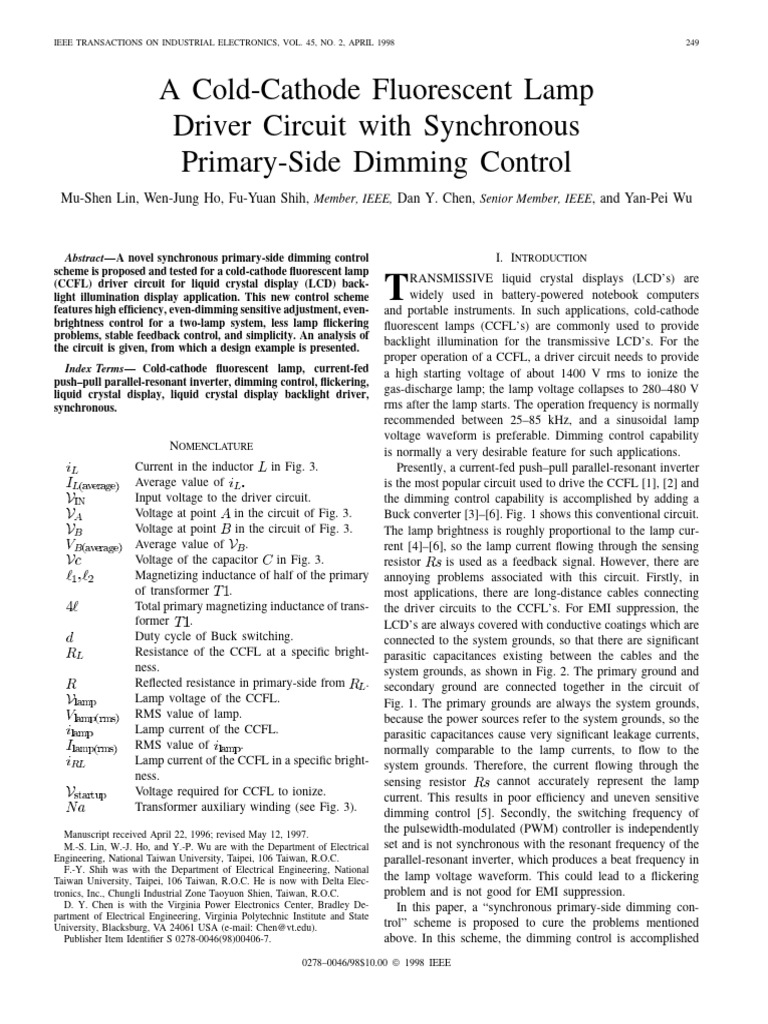 A Cold-Cathode Fluorescent Lamp Driver Circuit With Synchronous Primary ...