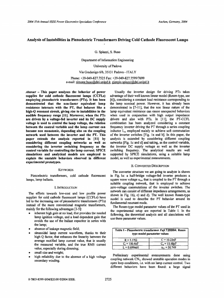 Analysis of Instabilities in Piezoelectric Transformers Driving Cold ...
