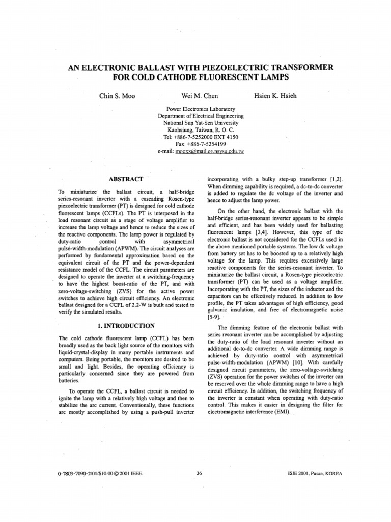 An Electronic Ballast With Piezoelectric Transformer For Cold Cathode Fluorescent Lamps | PDF ...