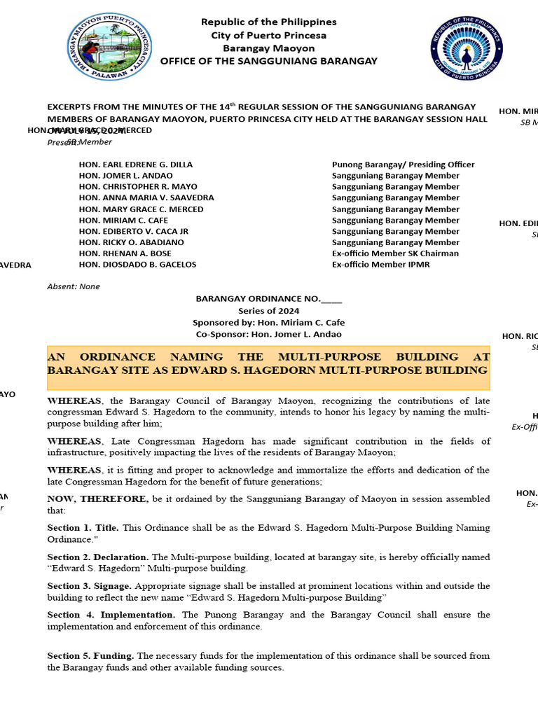 Barangay Building Named for Hagedorn | PDF