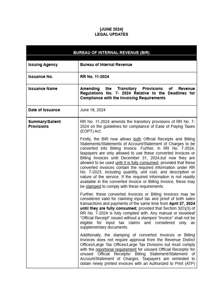 Amendments in RR No. 11-2024 | PDF | Invoice | Receipt