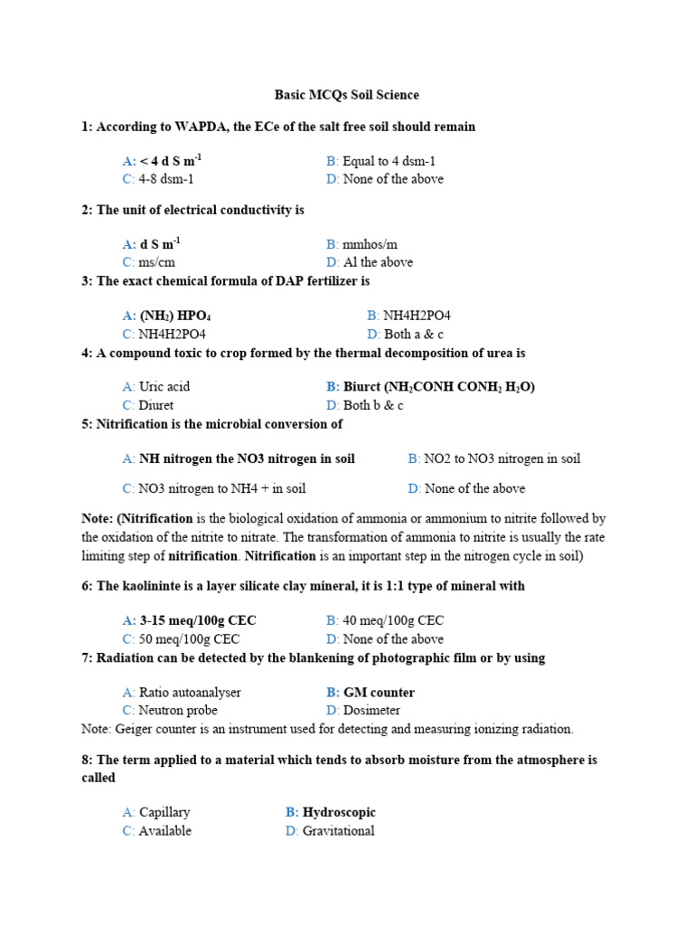 Basic MCQs of Soil Science | PDF | Soil | Fertilizer