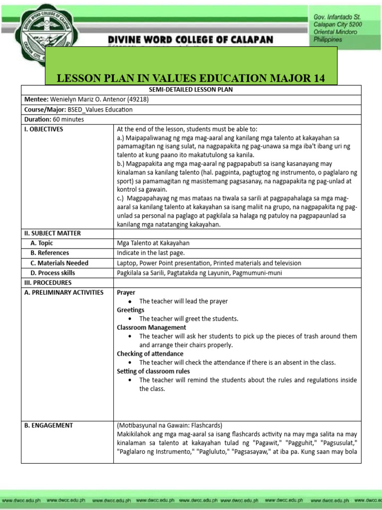 LESSON PLAN IN VALUES EDUCATION MAJOR 14 (Semi-Detailed) 49218 | PDF