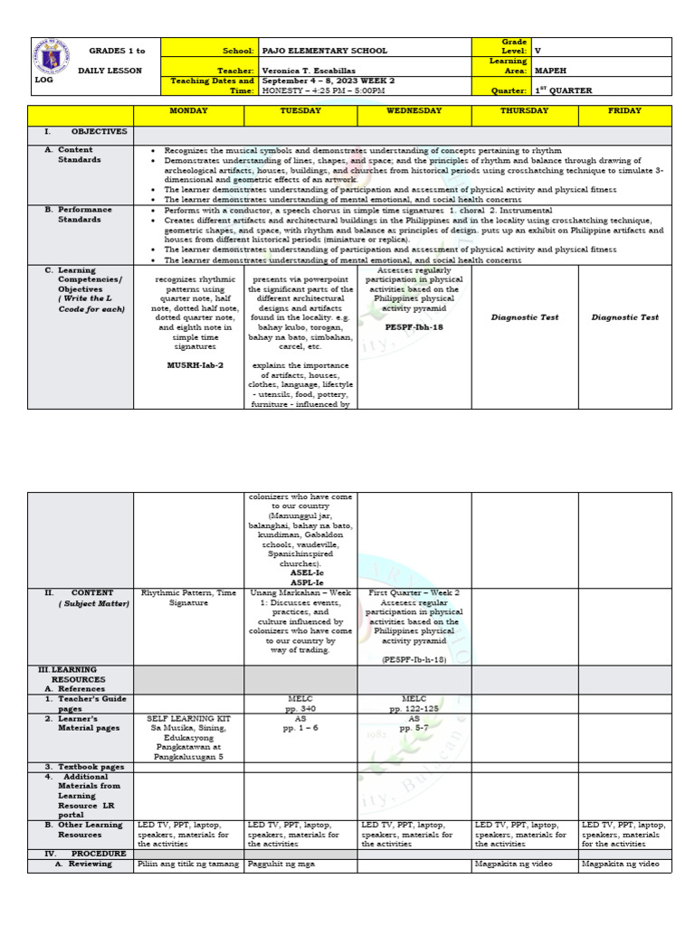 DLL - Mapeh W2 Q1 | PDF