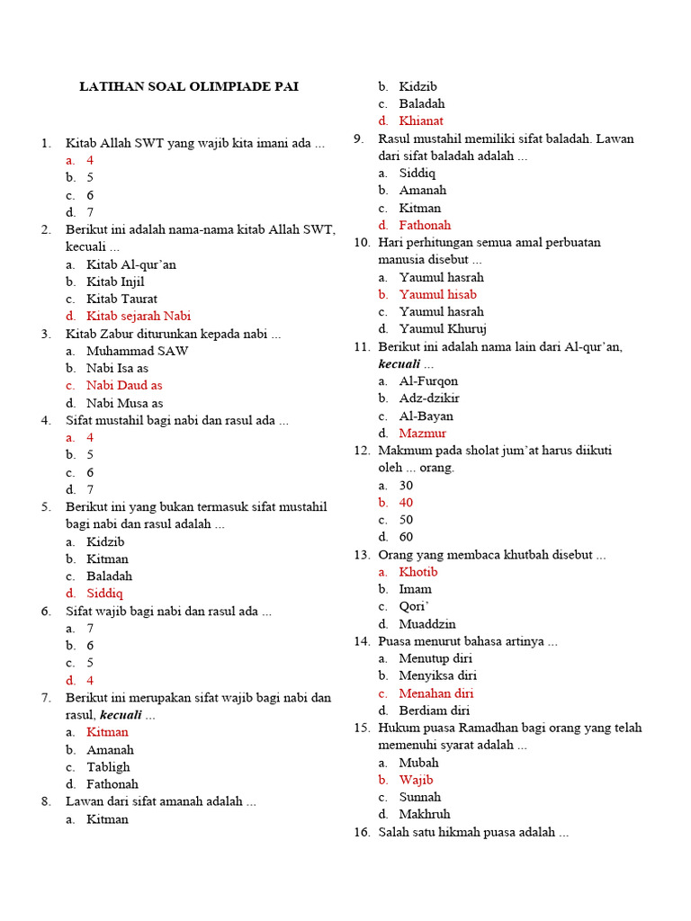 Soal Latihan Olimpiade PAI SD 2025 | PDF