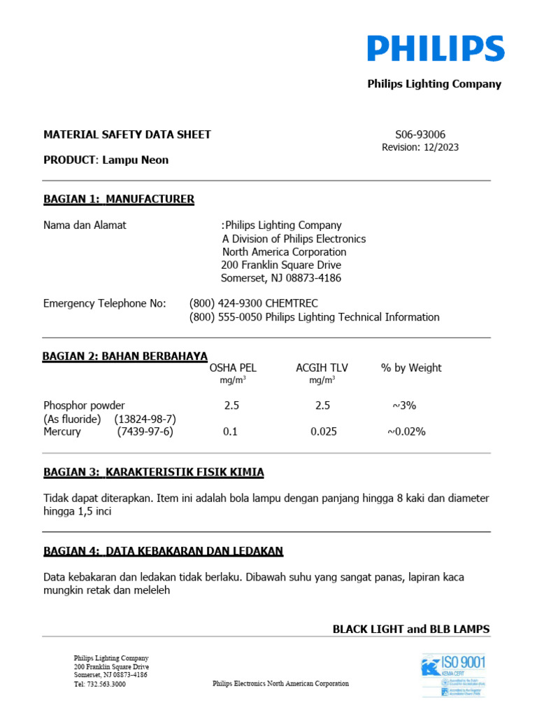 MSDS Lampu Neon | PDF