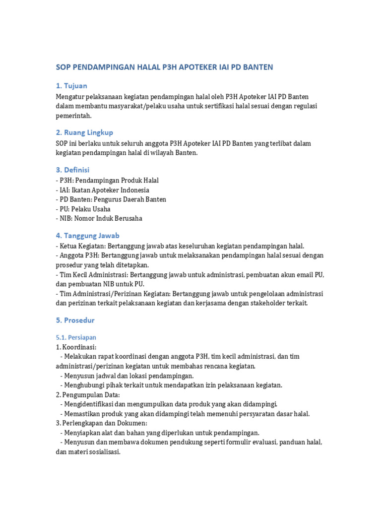 (Draft 20240610 Mha) SOP Pendampingan Halal P3H Apoteker IAI PD Banten | PDF