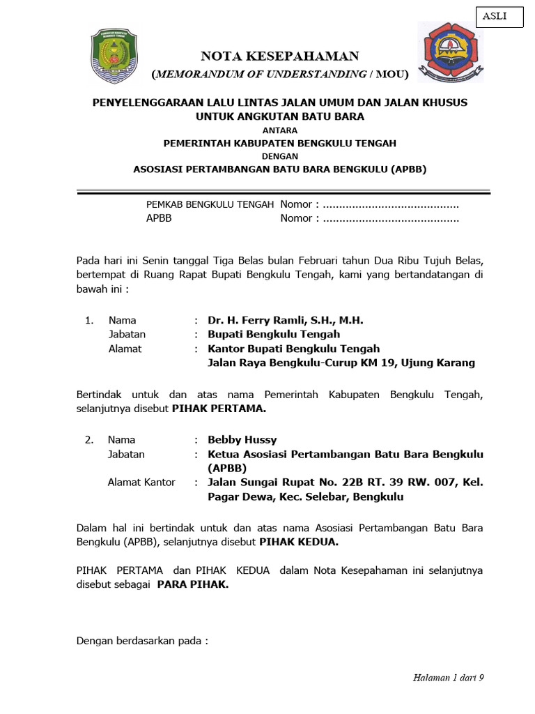 MoU ASLI Edit 09022017tanpa Pasal 7 | PDF