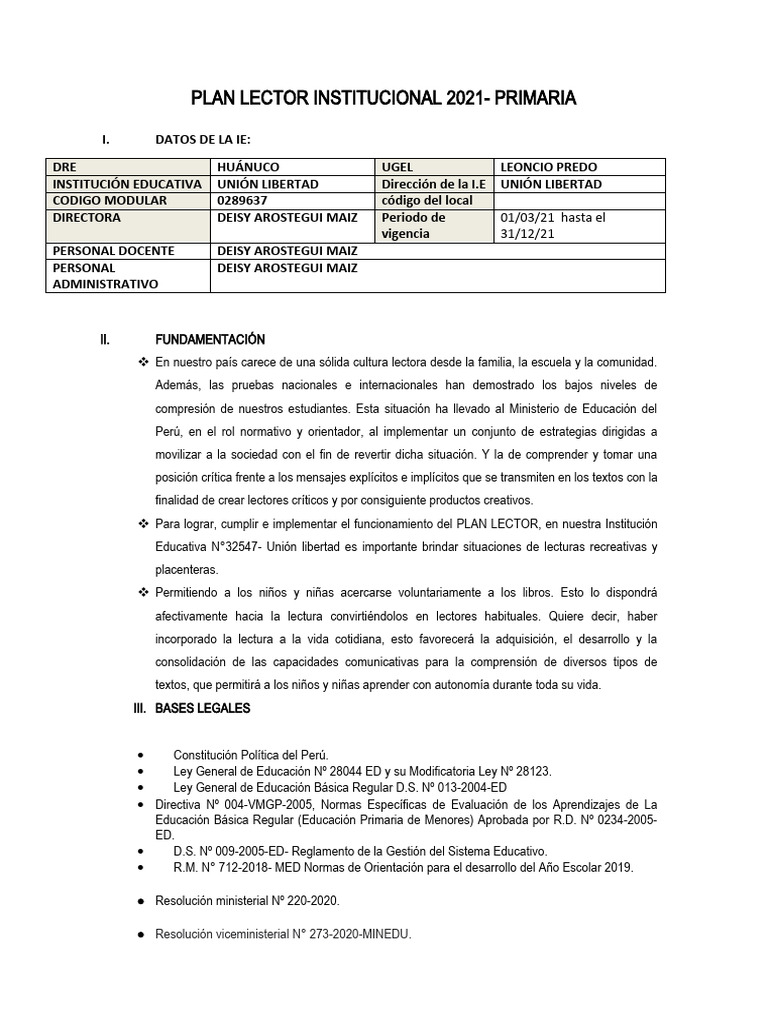 Plan Lector Institucional | PDF | Educación primaria
