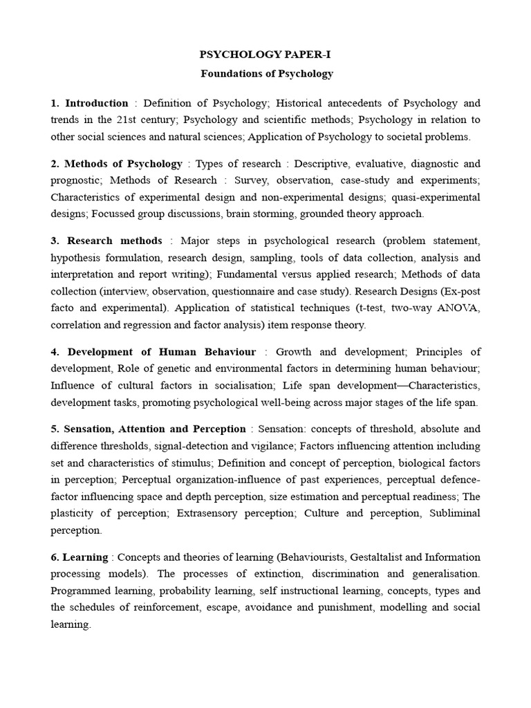 UPSC Syllabus Psychology Optional | PDF | Psychology | Psychotherapy