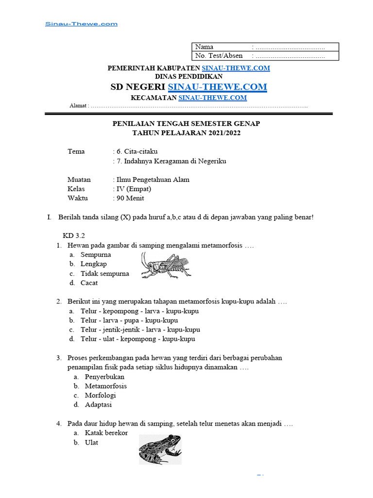 Soal PTS Kelas 4 Semester 2 IPA Tahun 2022 Sinau-Thewe - Com-Dikonversi | PDF | Metode & Bahan Ajar