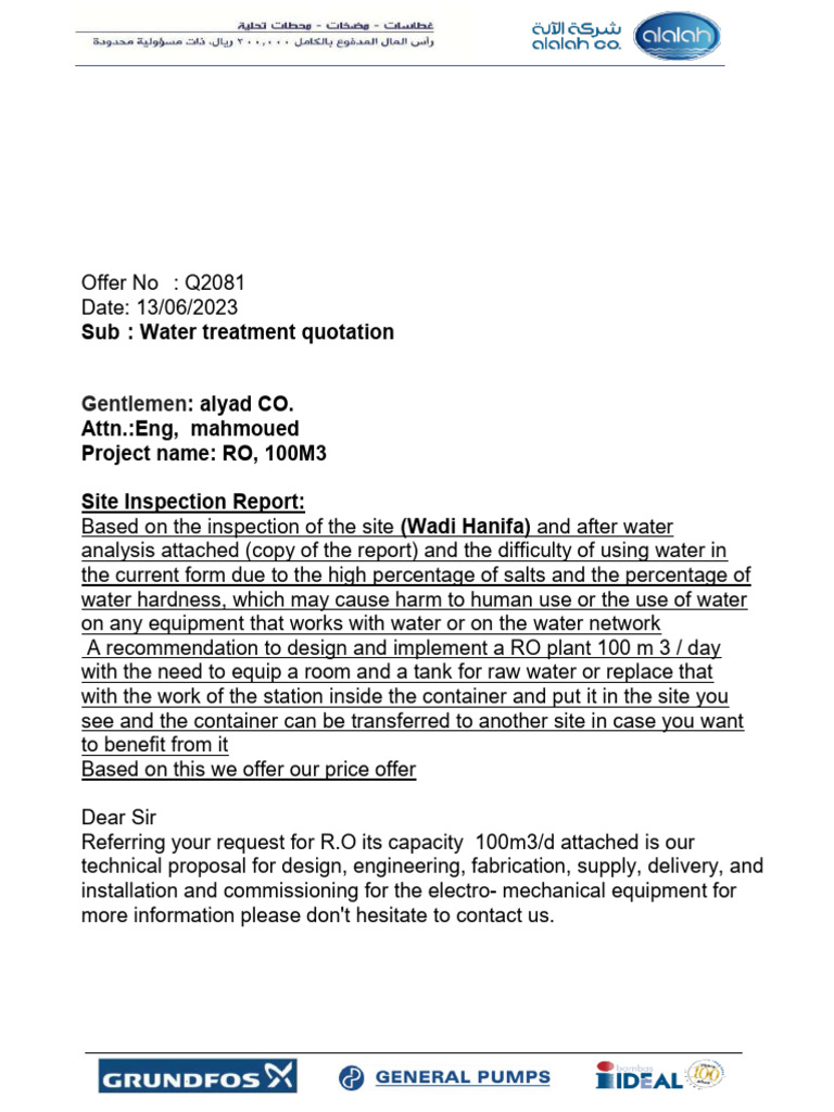 Water Treatment Quotation for RO Plant | PDF | Water