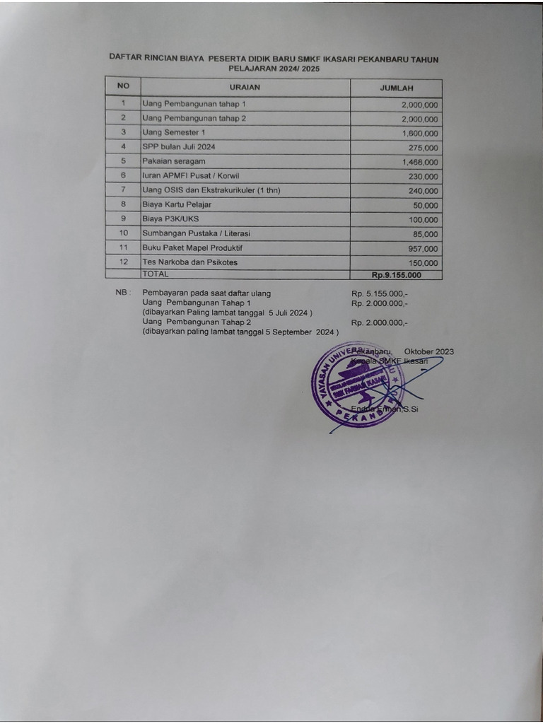 Rincian Biaya PPDB 2024 2025 (Stempel) | PDF