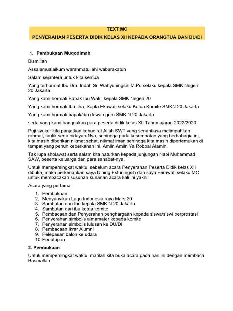 Text MC Penyerahan Kelas XII - MC Bu Fera Dan Bu Ning | PDF