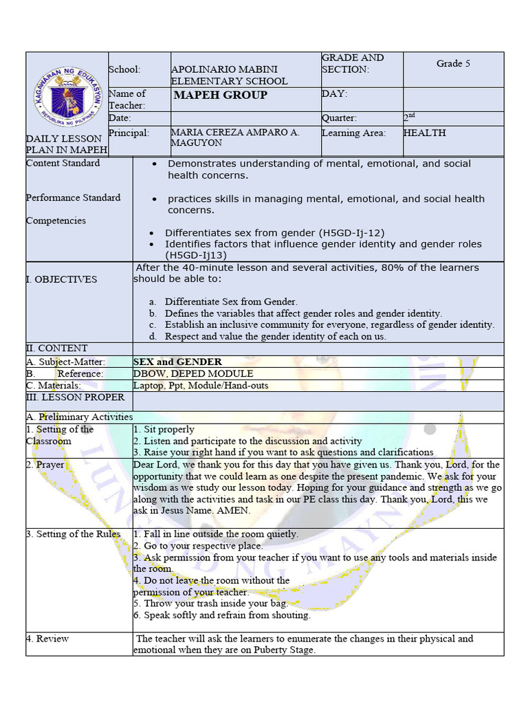 Lesson Plan With GAD Integration | PDF | Gender Studies | Gender