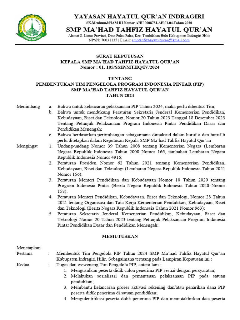 SK Pembentukan Tim Pip | PDF | Karier & Perkembangan