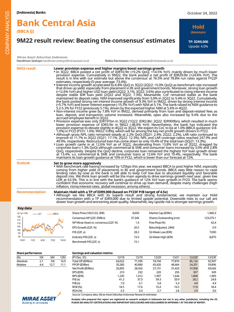 Mirae Asset Sekuritas Indonesia BBCA 9 M22 Result Review | PDF | Financial Analyst | Investing