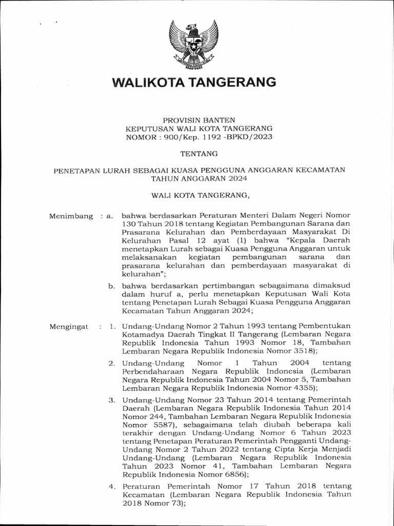 Penetapan Lurah Sebagai Kuasa Pengguna Anggaran Kecamatan Ta 2024 | PDF