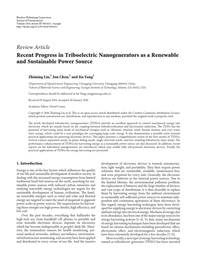 Recent Progress in Triboelectric Nanogenerators As | PDF | Energy Harvesting | Applied And ...