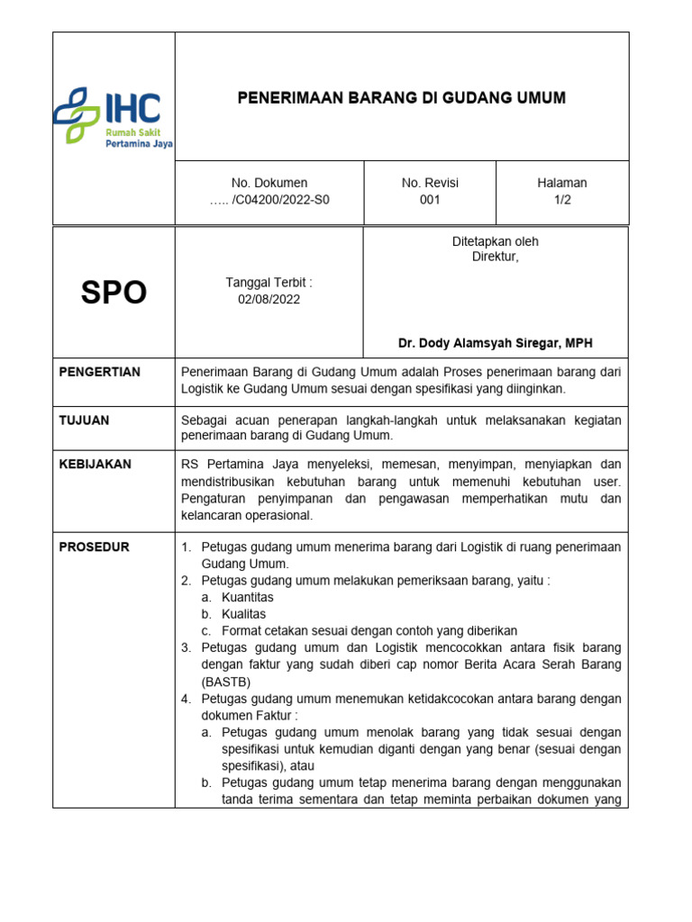 Prosedur Penerimaan Barang Gudang Umum | PDF