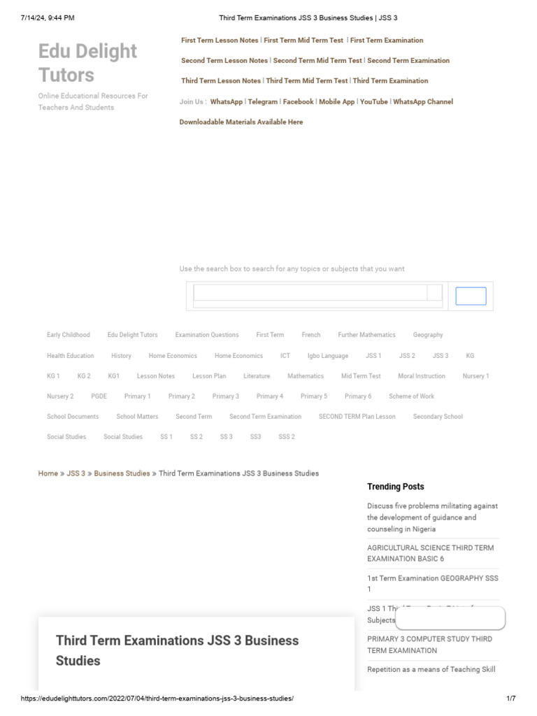 JSS 3 Business Studies Exam | PDF | Banks | Business