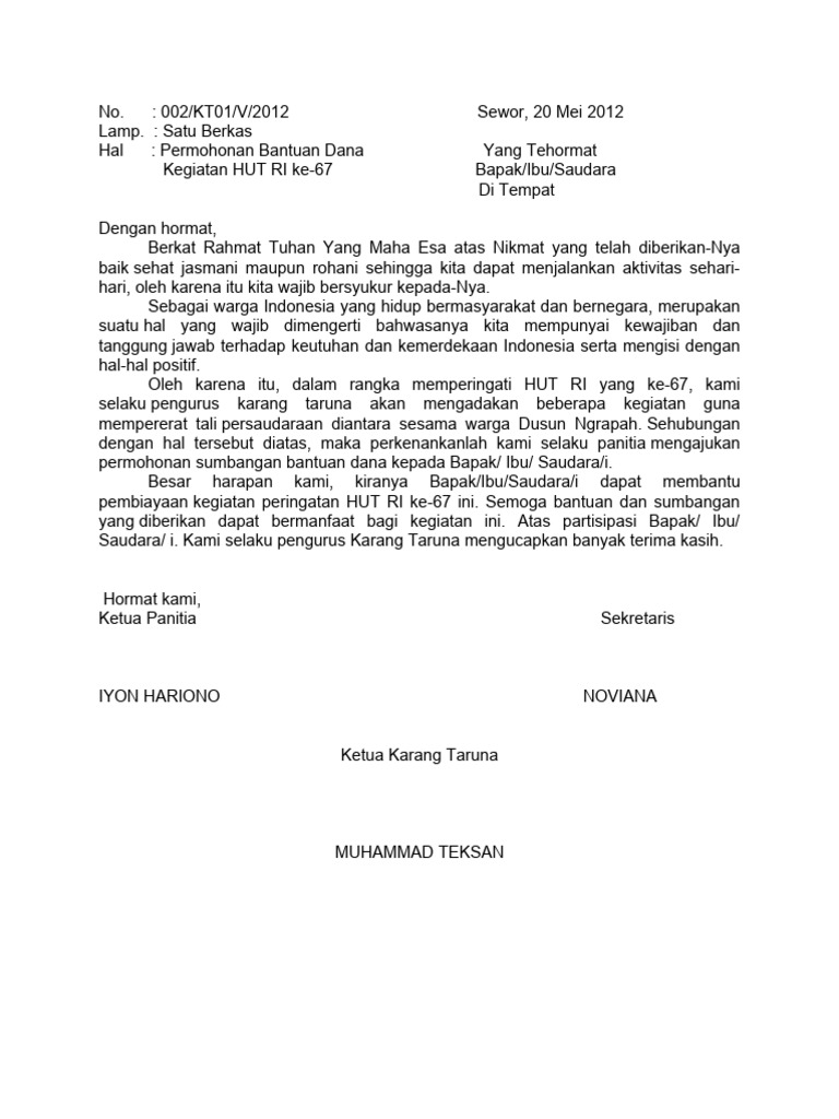 Contoh Surat Permohonan Dana 17 Agustus 2022 | PDF